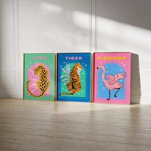 Set of 3 Colourful Animal Prints, Leopard, Tiger, Flamingo Wall Art ...