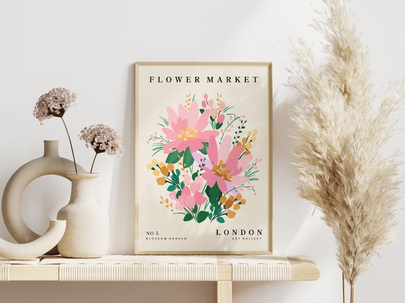 Flower Market London Poster, Pink Flower Prints, Plant Wall Art, Boho ...