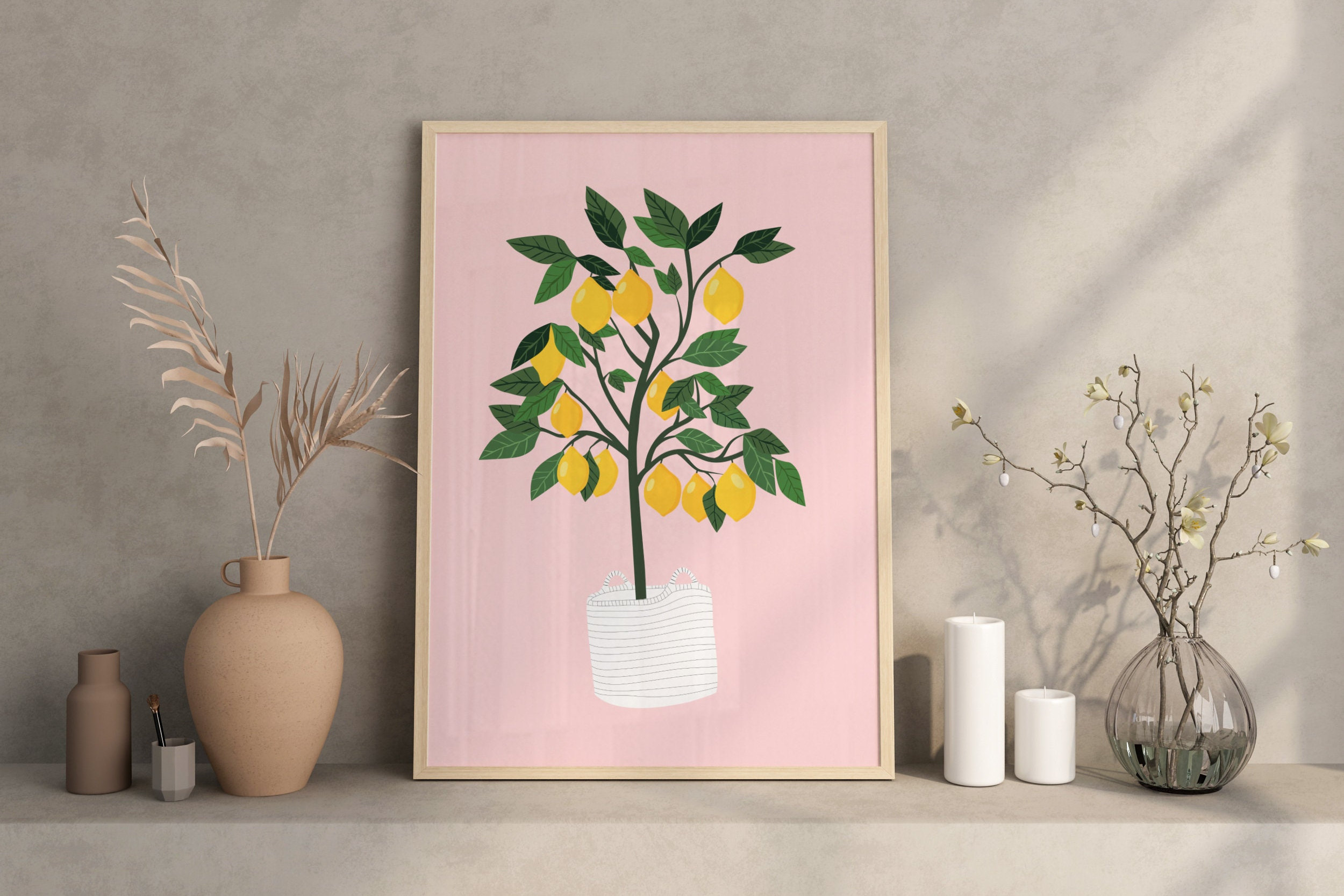 Pink Lemon Tree Print, Gallery Wall, Minimalist Art, Lemon Art, Citrus ...
