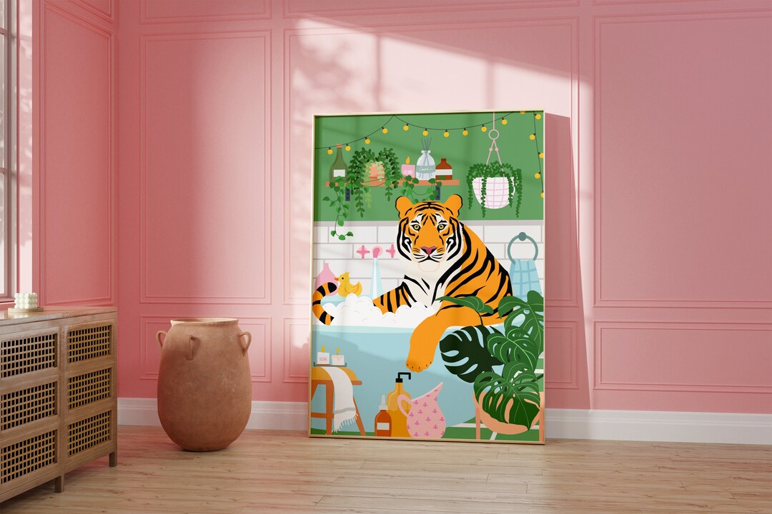 Tiger in Bath Print, Bathroom Wall Decor, Boho, Plant Poster, Animal ...