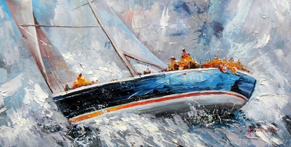 Seascape boat painting painting acrylic on canvas signed / | Etsy