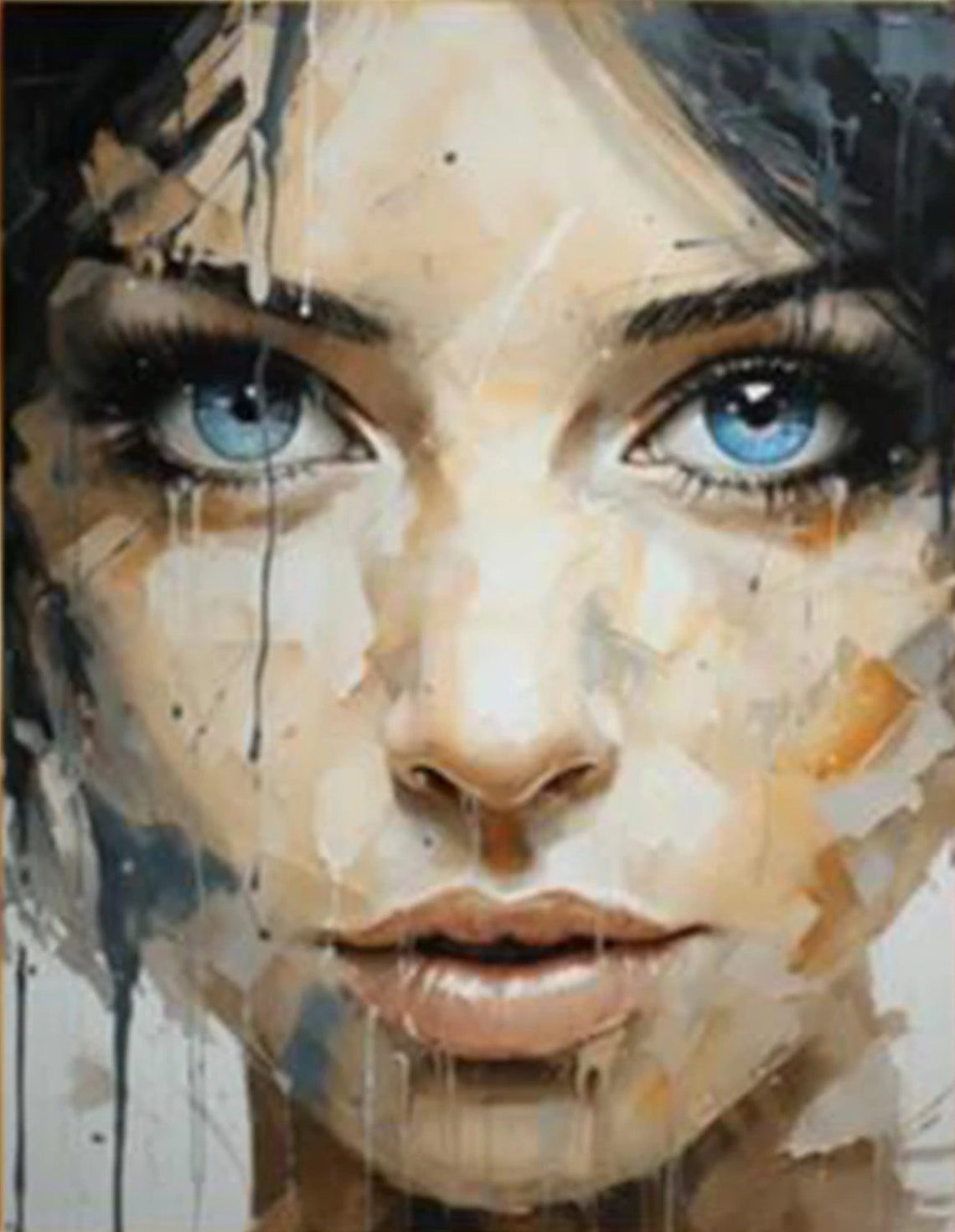 Portrait Woman Blue Eyes Oil Painting on Canvas / Figure Woman Blue ...