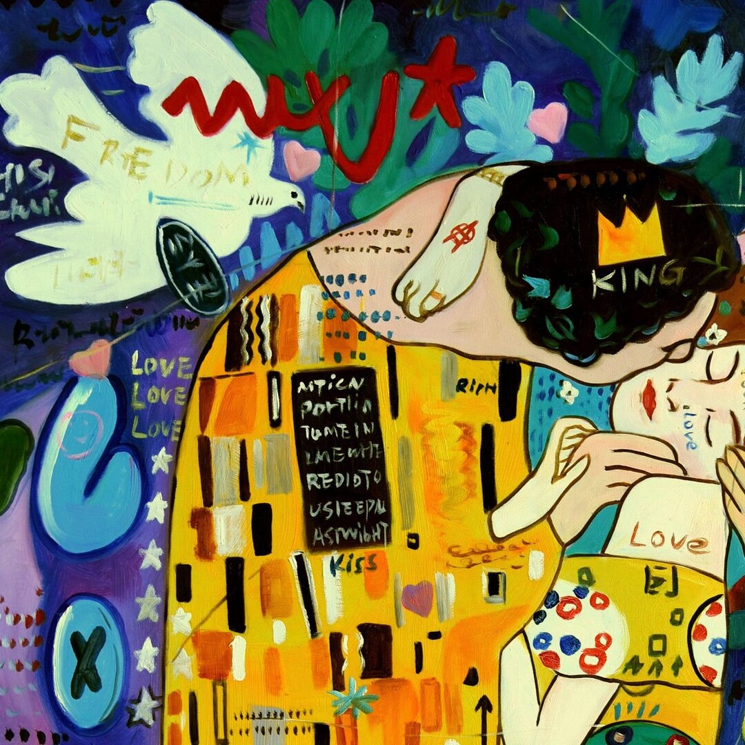 Abstract Lovers Oil Painting on Canvas Signed / Abstract Lovers Kiss ...