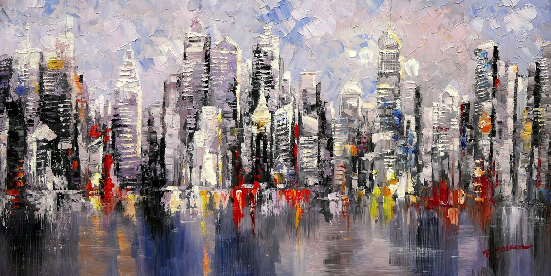 Abstract City Painting Acrylic Painting on Canvas Signed / Abstract ...