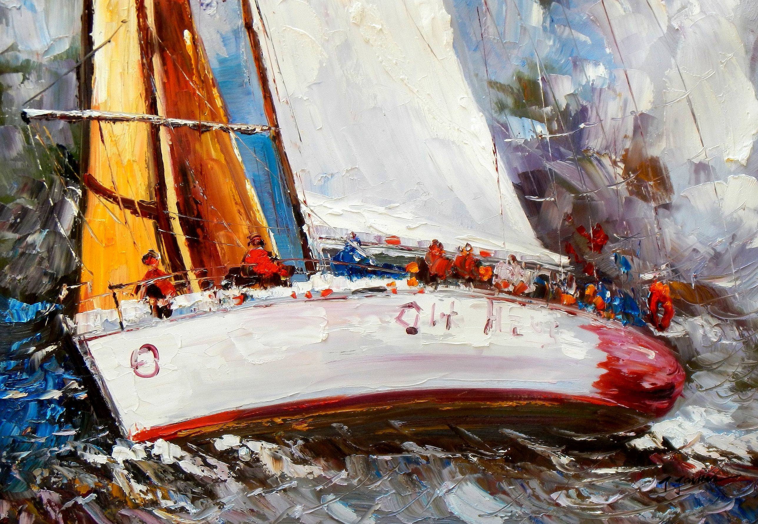 Seascape boat painting painting acrylic on canvas signed / | Etsy