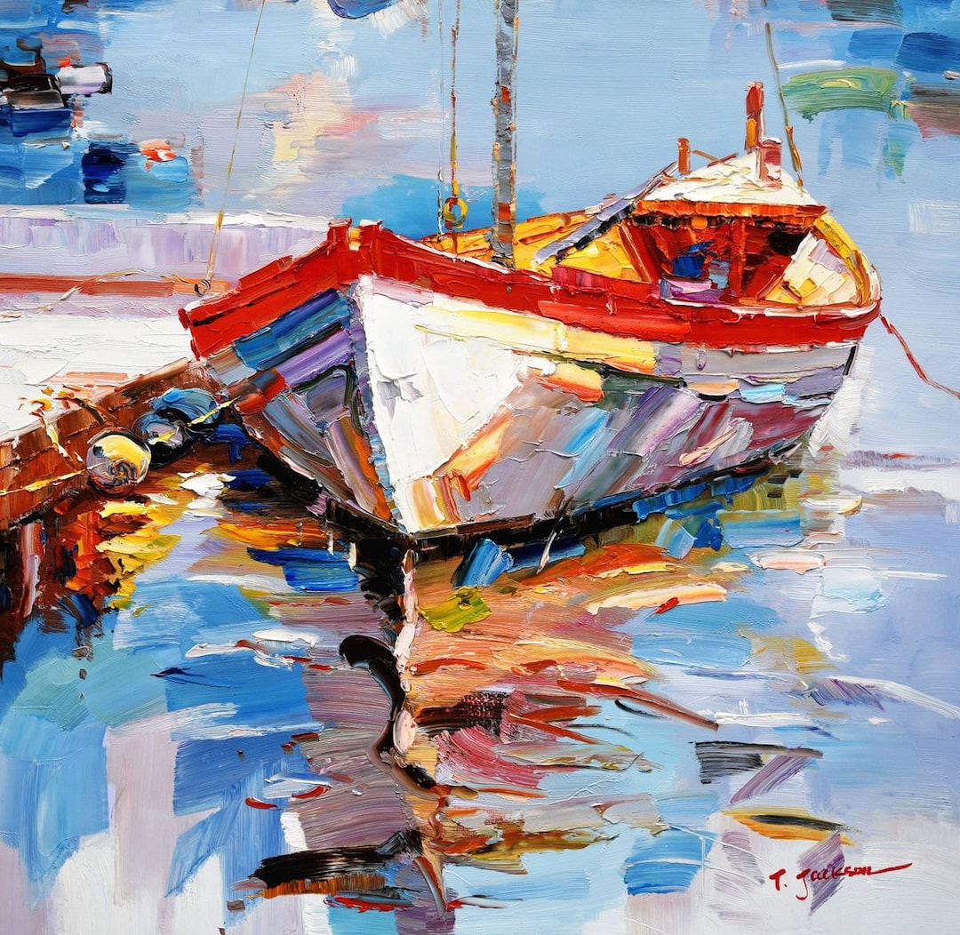 Seascape Boat Painting Painting Acrylic on Canvas Signed / Seascape ...