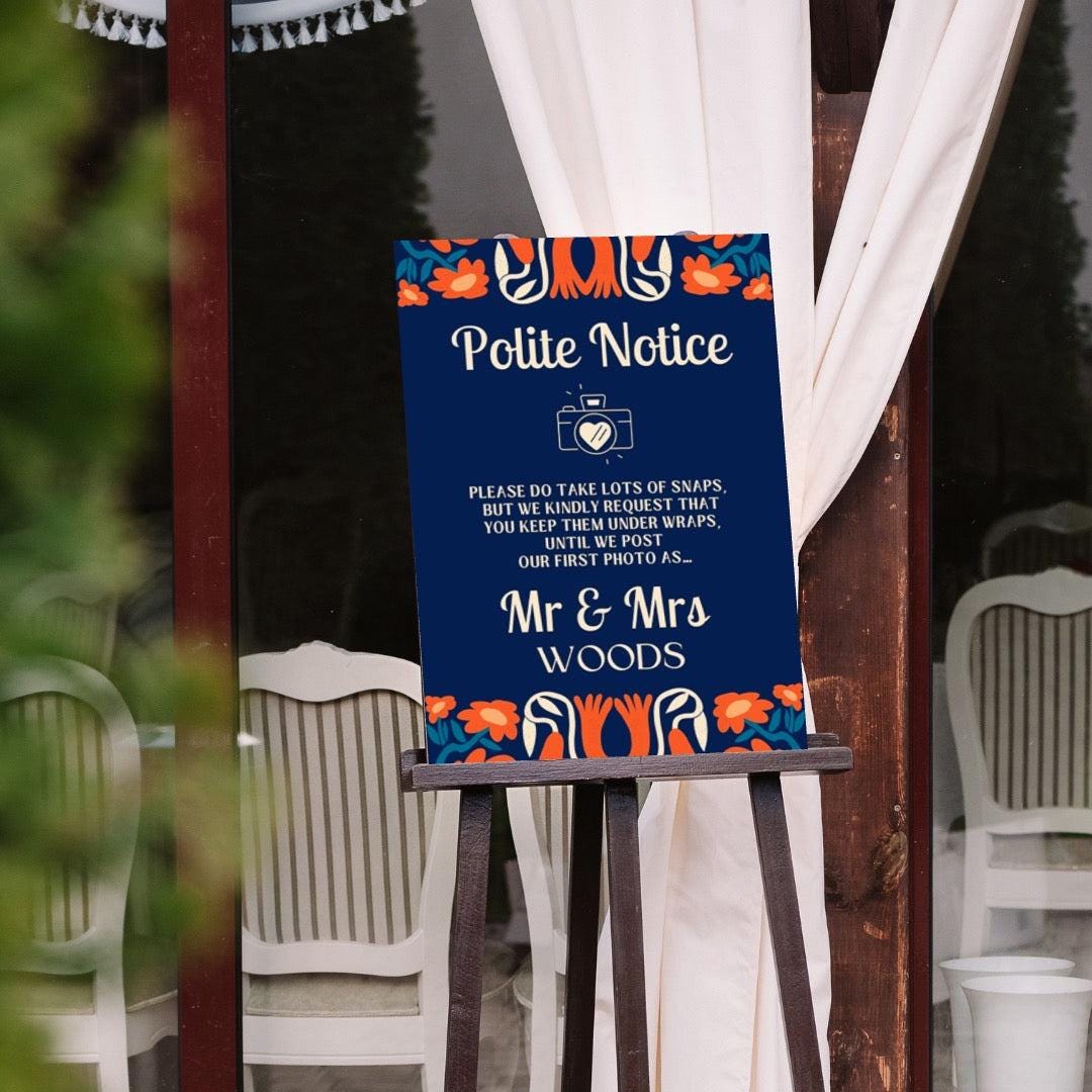 Retro Navy Polite Notice Wedding Sign | Custom Social Media Notice Sign ...