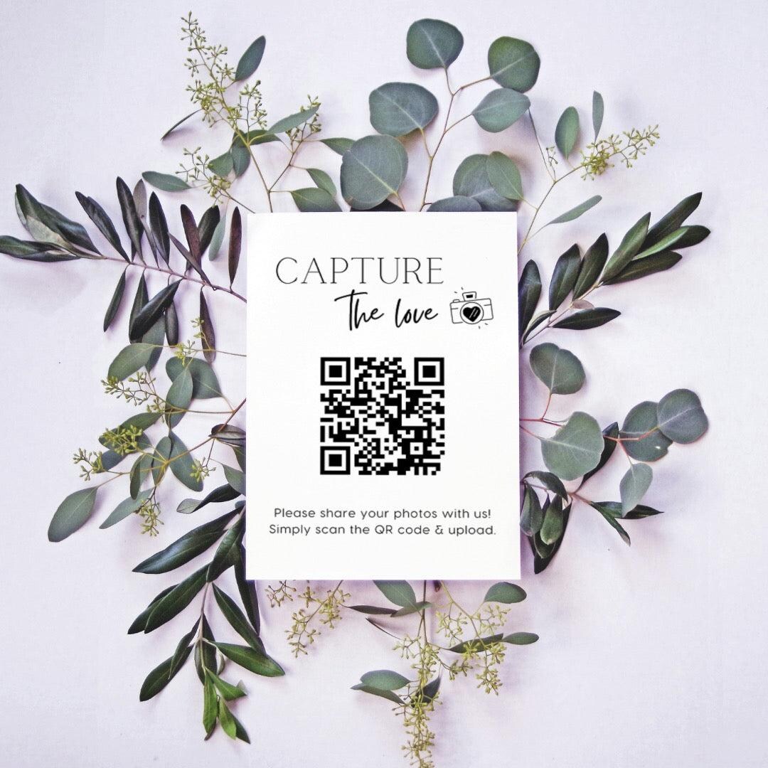 Timeless White Photo Sharing QR Code Sign | Capture the Love Wedding QR ...