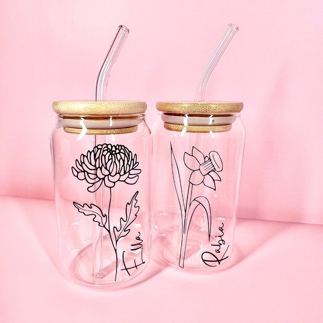 Custom Birth Flower Coffee Cup With Name Glass Can Cup With Bamboo Lid ...