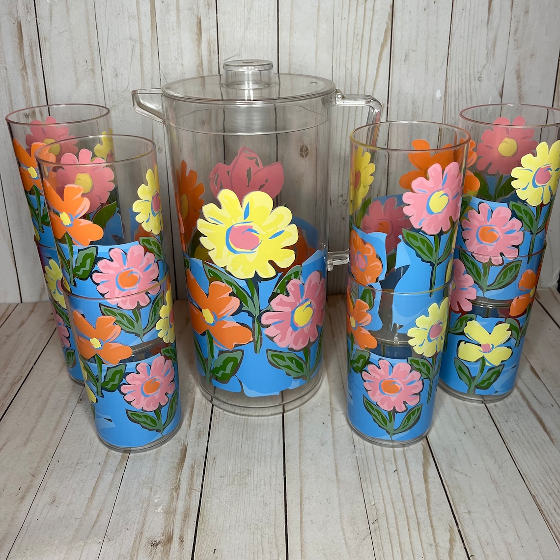 Vintage Acrylic Flower Pattern Pitcher and Tumbler Set 9 - Etsy