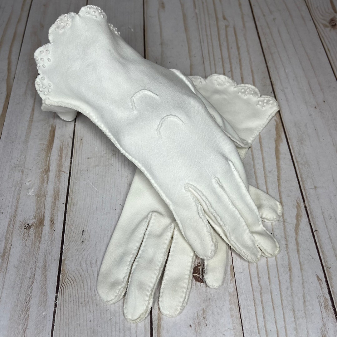 Vintage Fancy White Gloves Bridal Accessory, White Double Woven Cotton ...