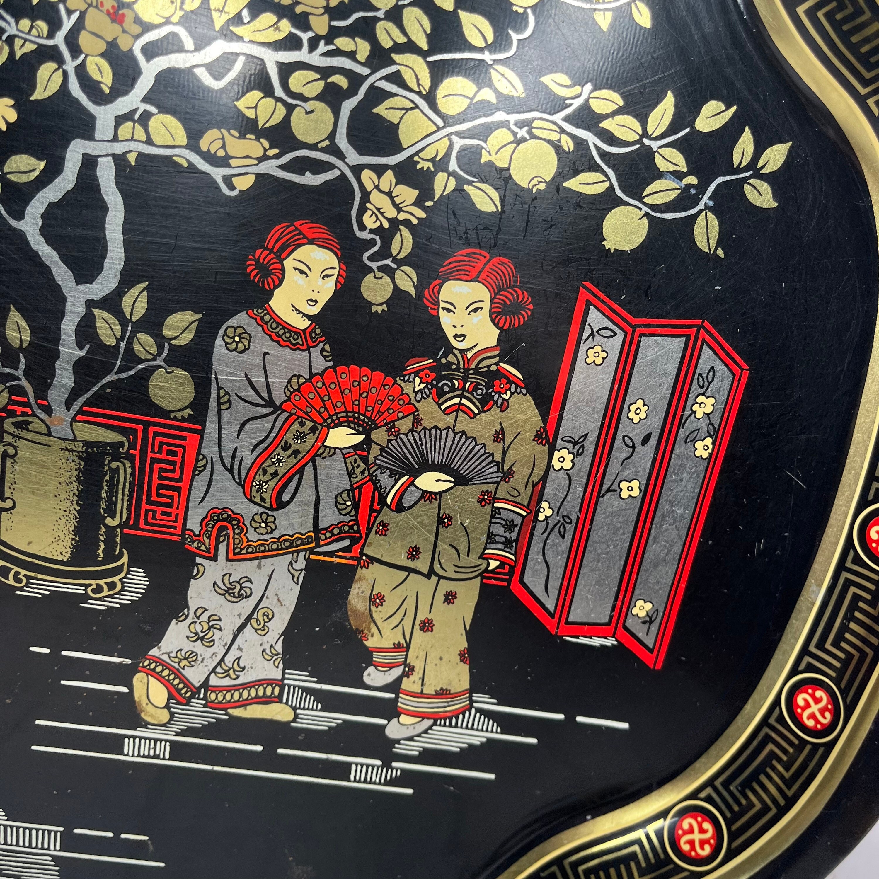 Vintage Asian Scene Painted Metal Decorative Tray, Oriental Themed ...