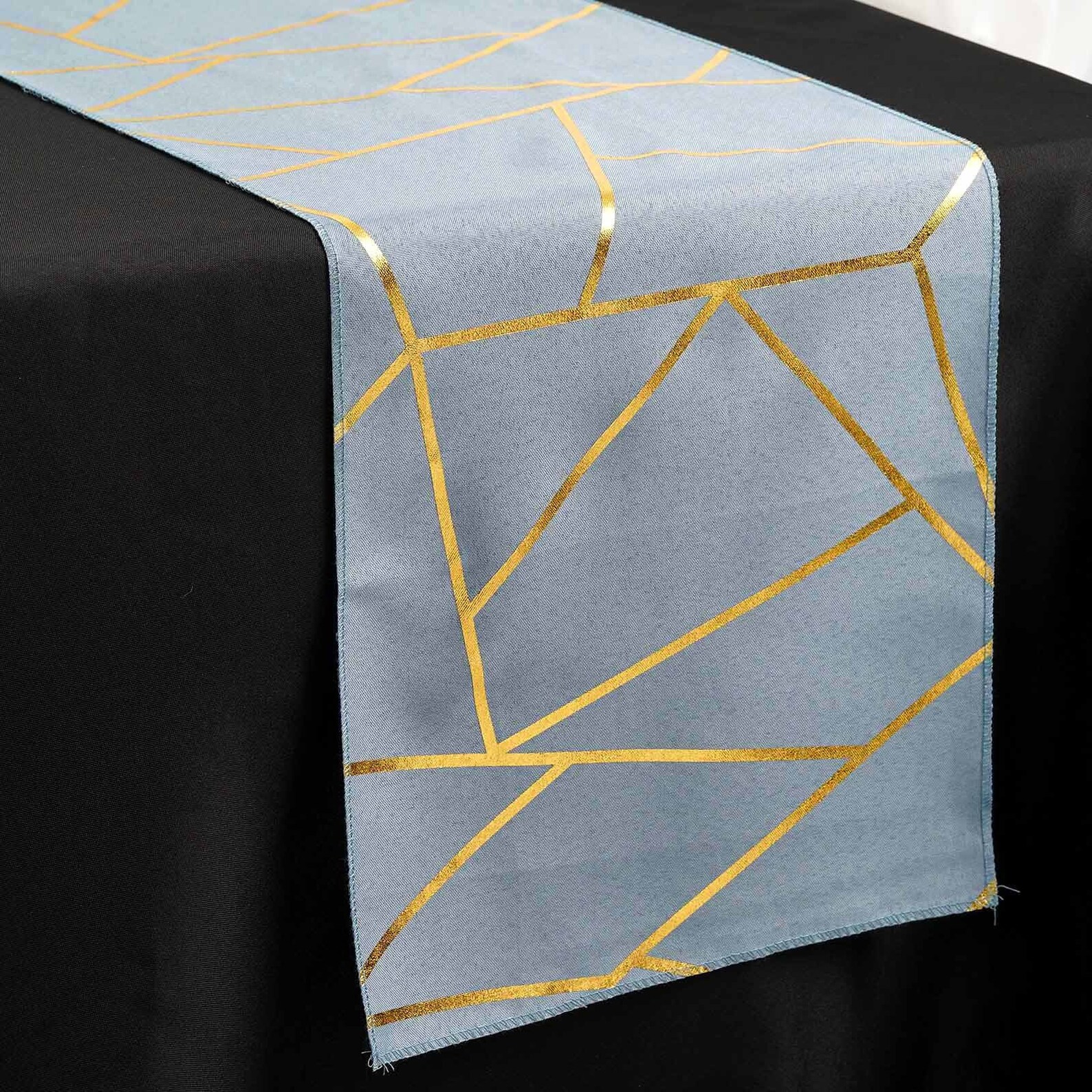 9 FT Dusty Blue Table Runner With Gold Foil Patterns, Geometric Table ...