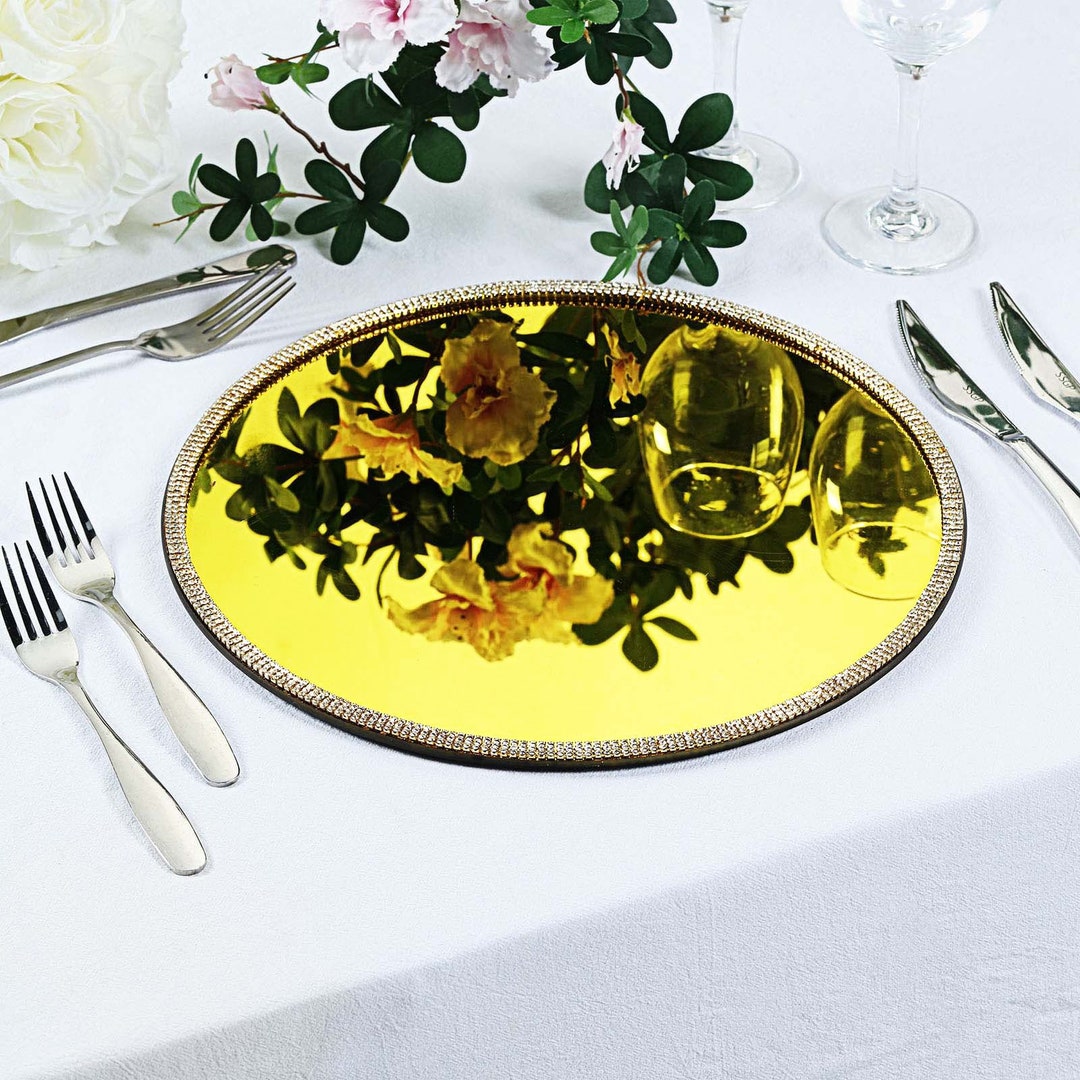 Set of 2 | 13" Round Gold Mirror Glass Charger Plates With Rhinestone ...