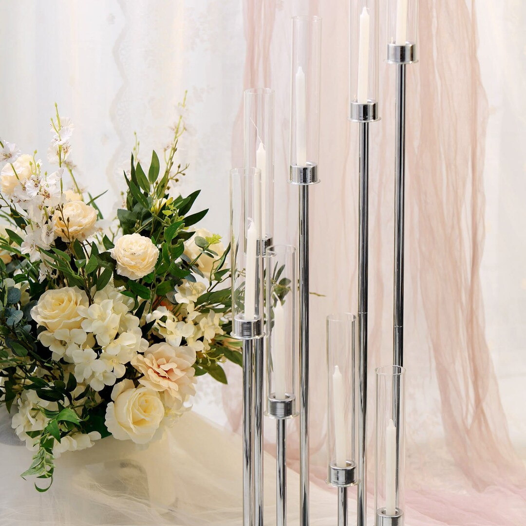 42" 8 Arms Silver Cluster Candle Holder With 8 Glass Shades, Large ...
