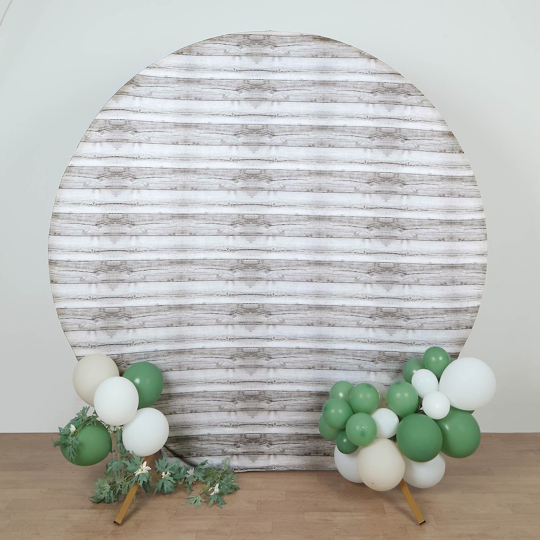 7.5ft White Rustic Wood Plank Pattern Spandex Fit, Round Backdrop Stand ...