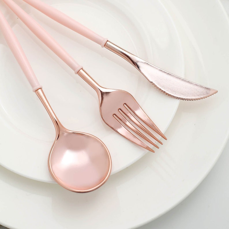 24 Pack - 8" Rose Gold Modern Flatware Set, Heavy Duty Plastic ...