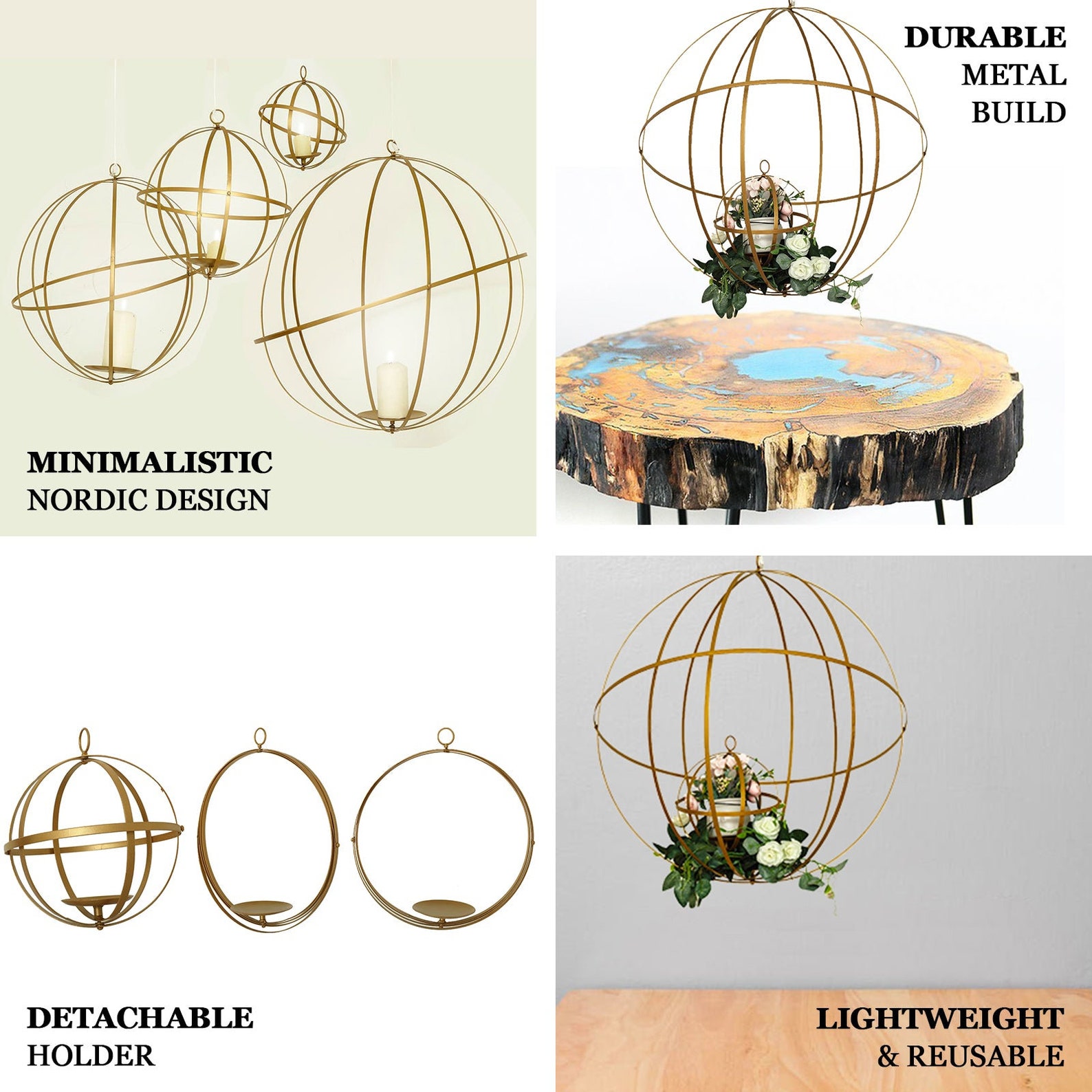 18" Gold Wrought Iron Folding Sphere Round Hoop Centerpiece or Hanging ...