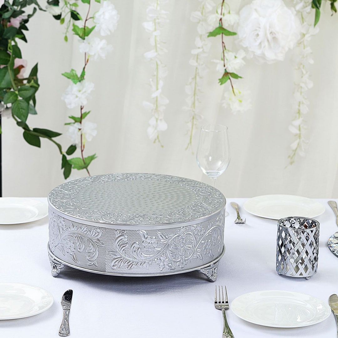 14" Embossed Round Cake Plateau, Silver Cake Stand, Metal Cake Stand ...