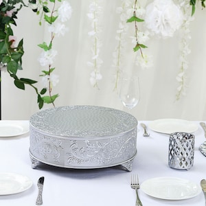 14" Embossed Round Cake Plateau, Silver Cake Stand, Metal Cake Stand ...