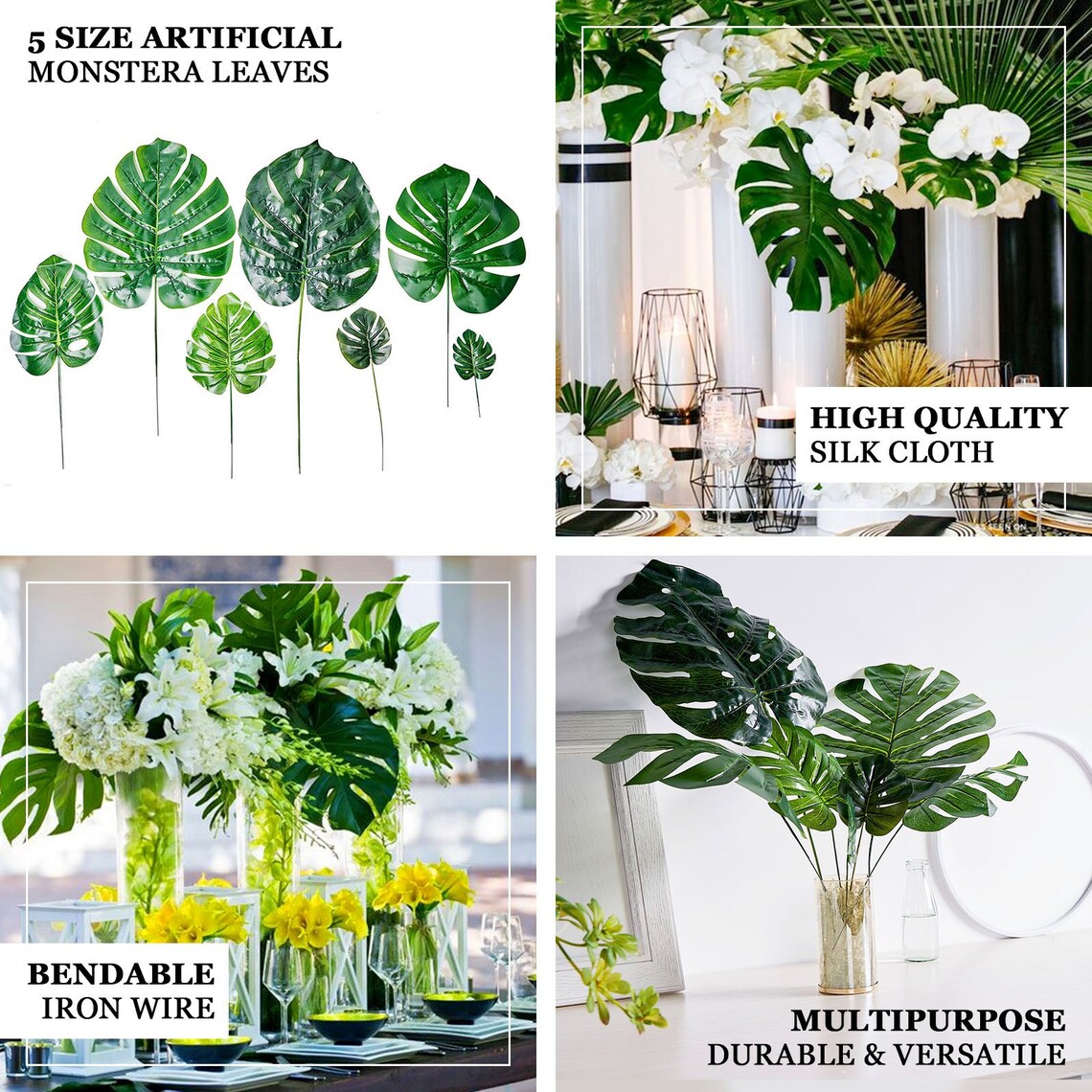 6 Stems Green Monstera Leaf Stem, Fake Tropical Plant Artificial ...