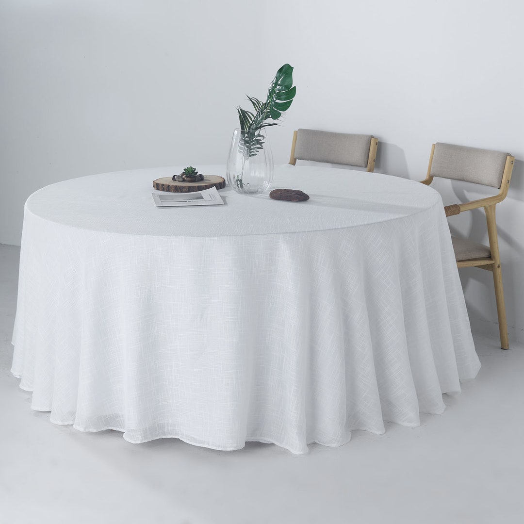 120" White Premium Faux Linen Round Tablecloth, Wrinkle Resistant Table ...