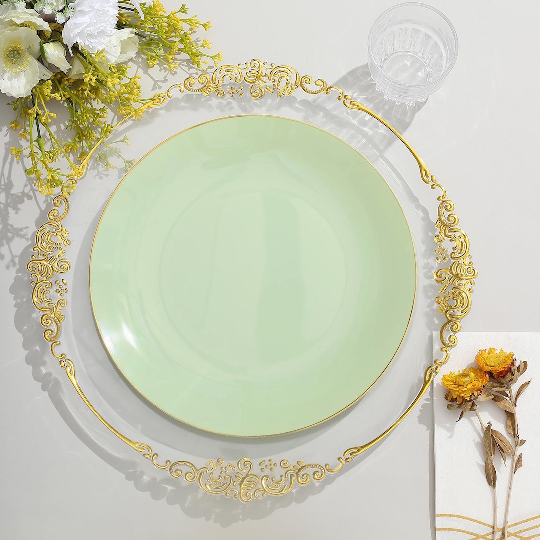 10 Pack | 10" Glossy Sage Green Round Plastic Dinner Plates With Gold ...