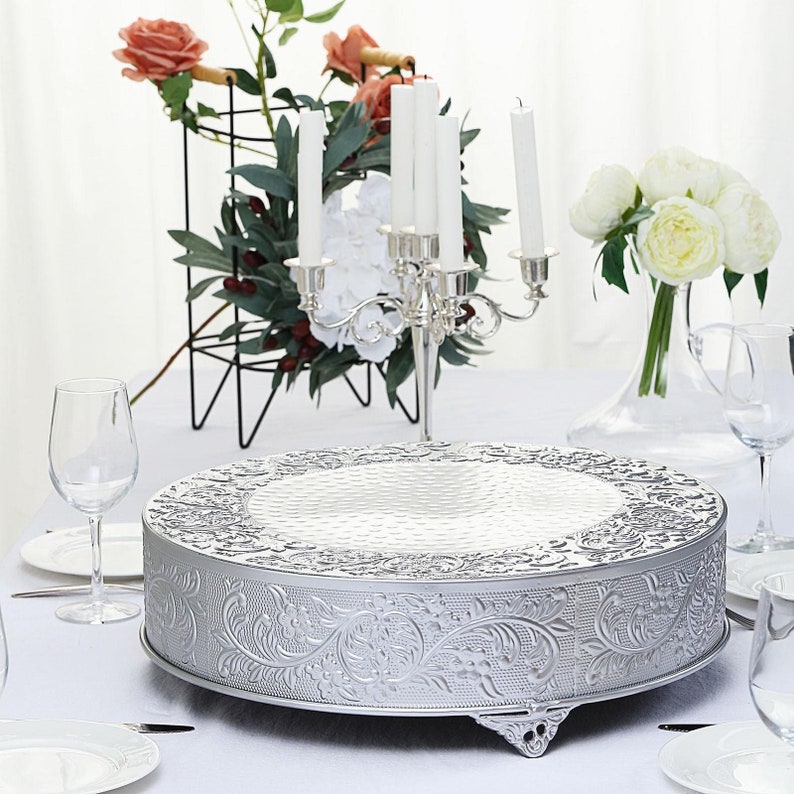 18" Embossed Round Cake Plateau, Silver Cake Stand, Metal Cake Stand ...
