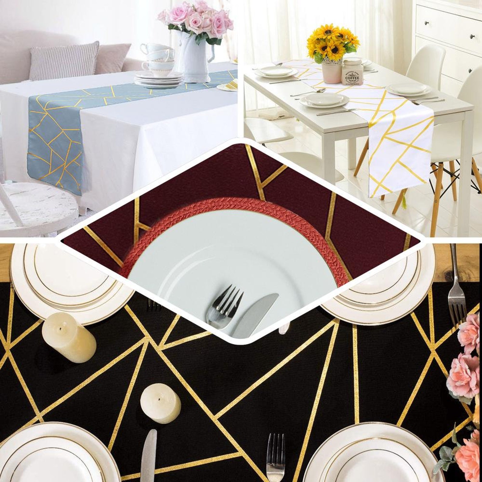 9 FT Dusty Blue Table Runner With Gold Foil Patterns, Geometric Table ...