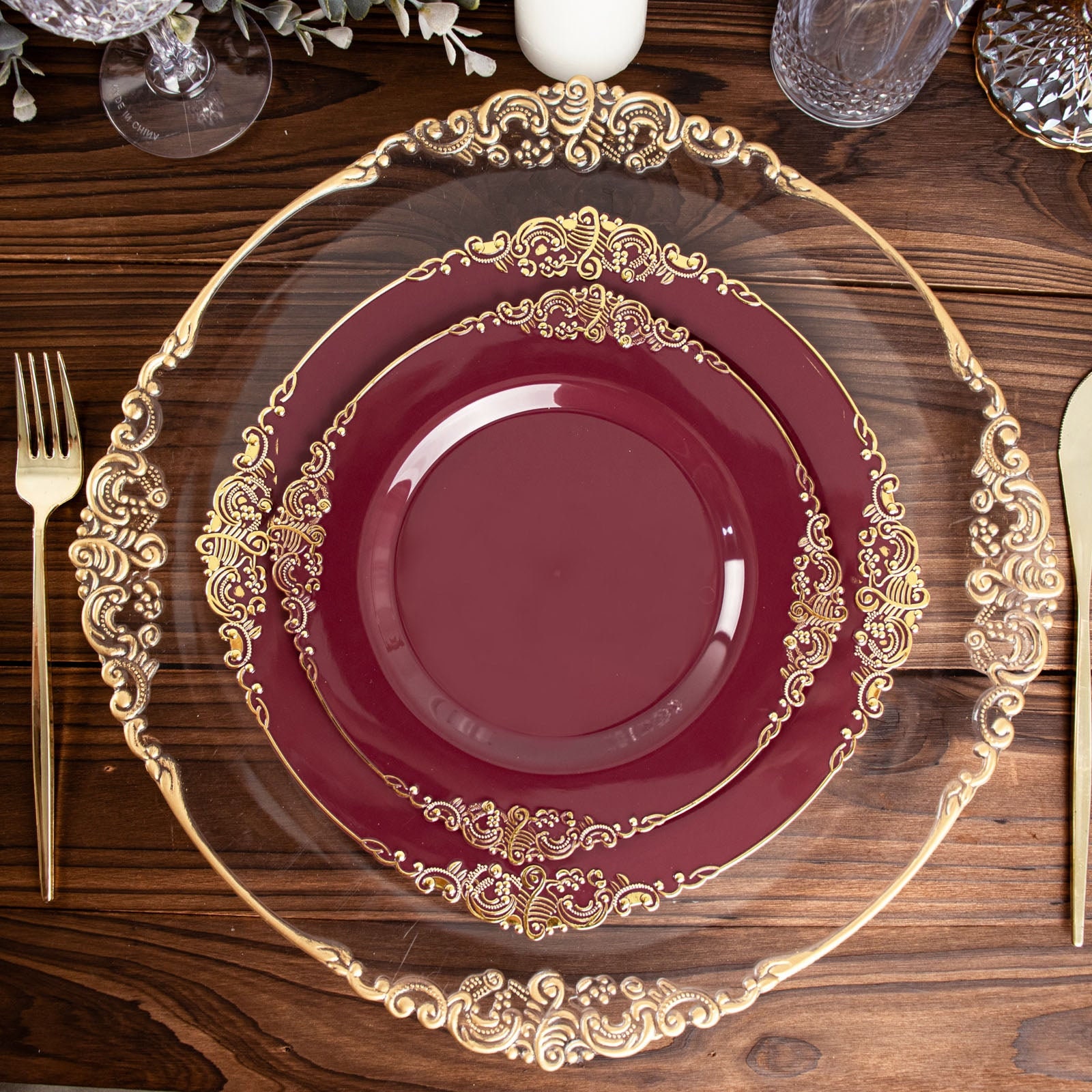 10 Pack | 10" Vintage Burgundy Gold Leaf Embossed Baroque Plastic ...