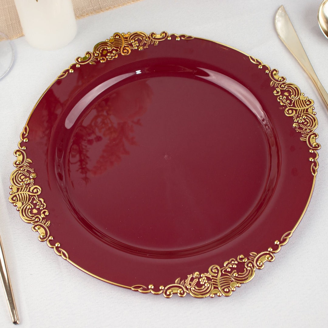 10 Pack | 10" Vintage Burgundy Gold Leaf Embossed Baroque Plastic ...
