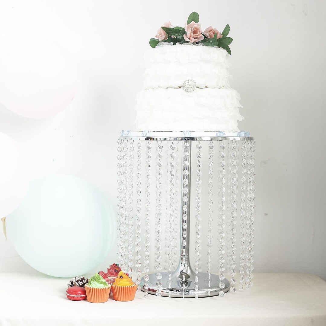 14" Dia Silver Cake Stand With 35 Acrylic Crystal Chains, Metal Cake ...