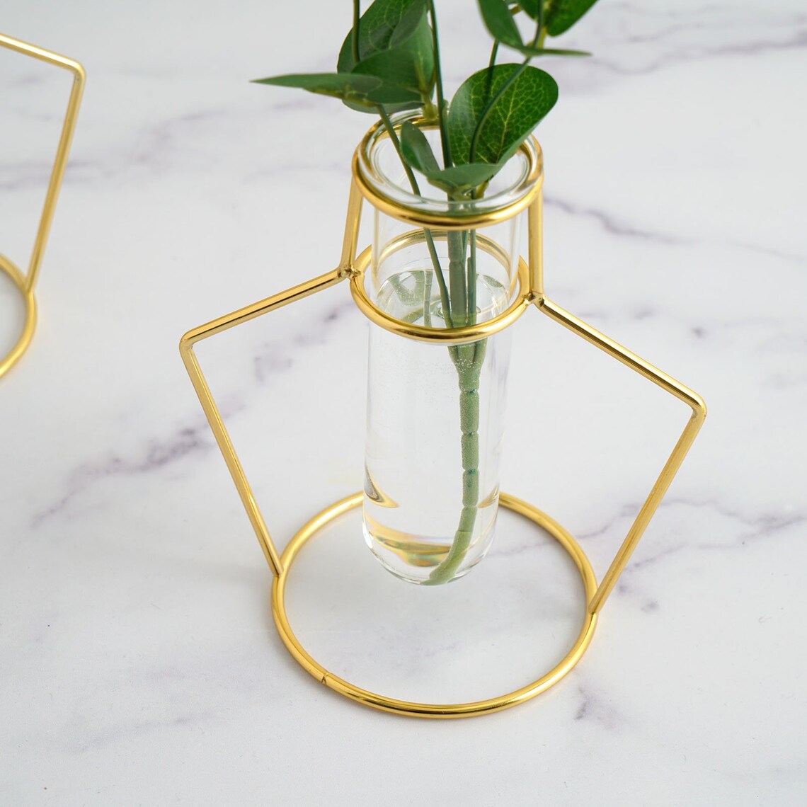 Set of 2 | 6.5" Metal Glass Tube Vase, Gold Metal Flower Stand With ...