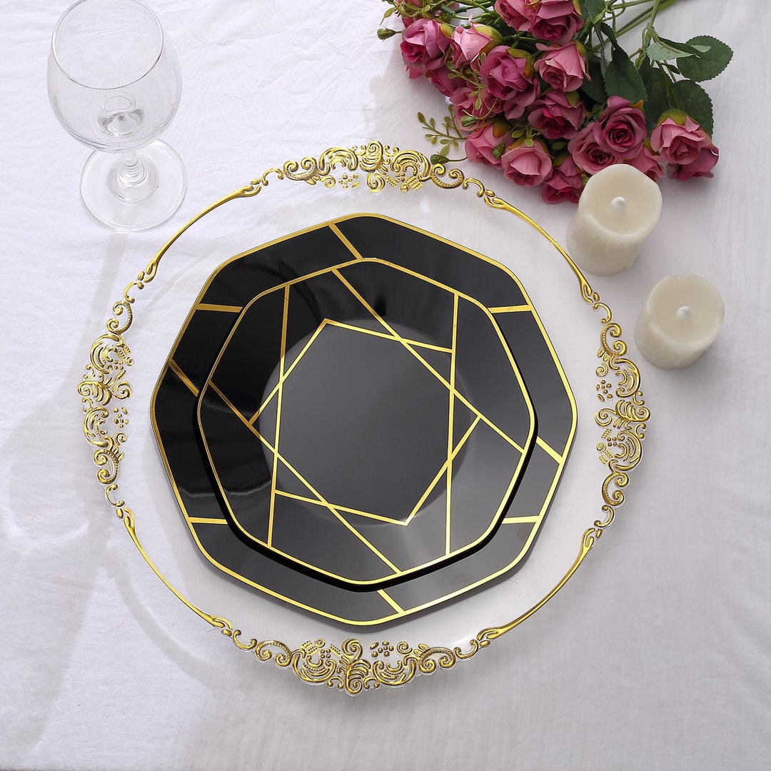 10 Pack | 10" Black & Gold Geometric Design Plastic Dinner Plates ...