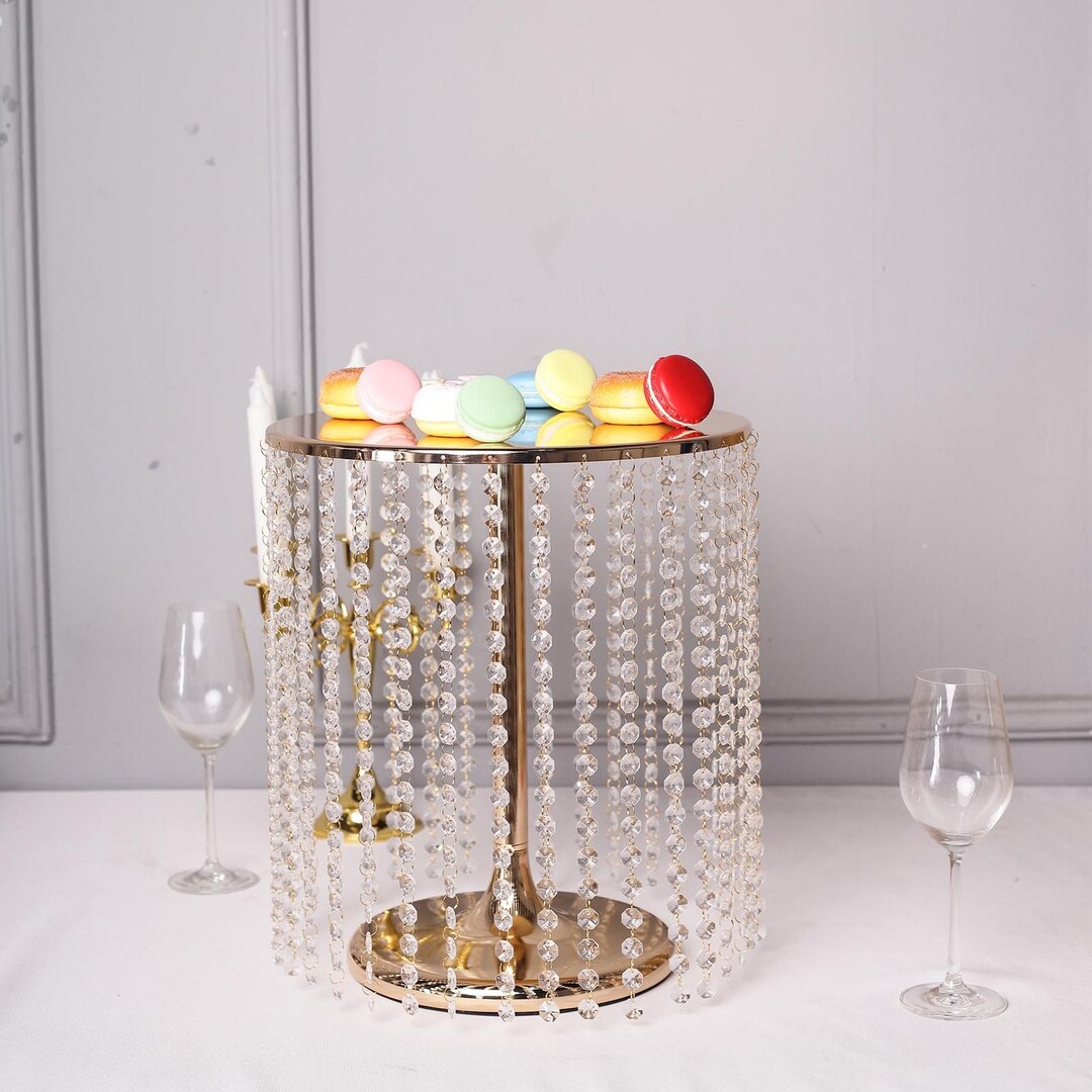 14" Dia. Gold Cake Stand W/ 35 Acrylic Crystal Chains, Metal Cake Stand ...