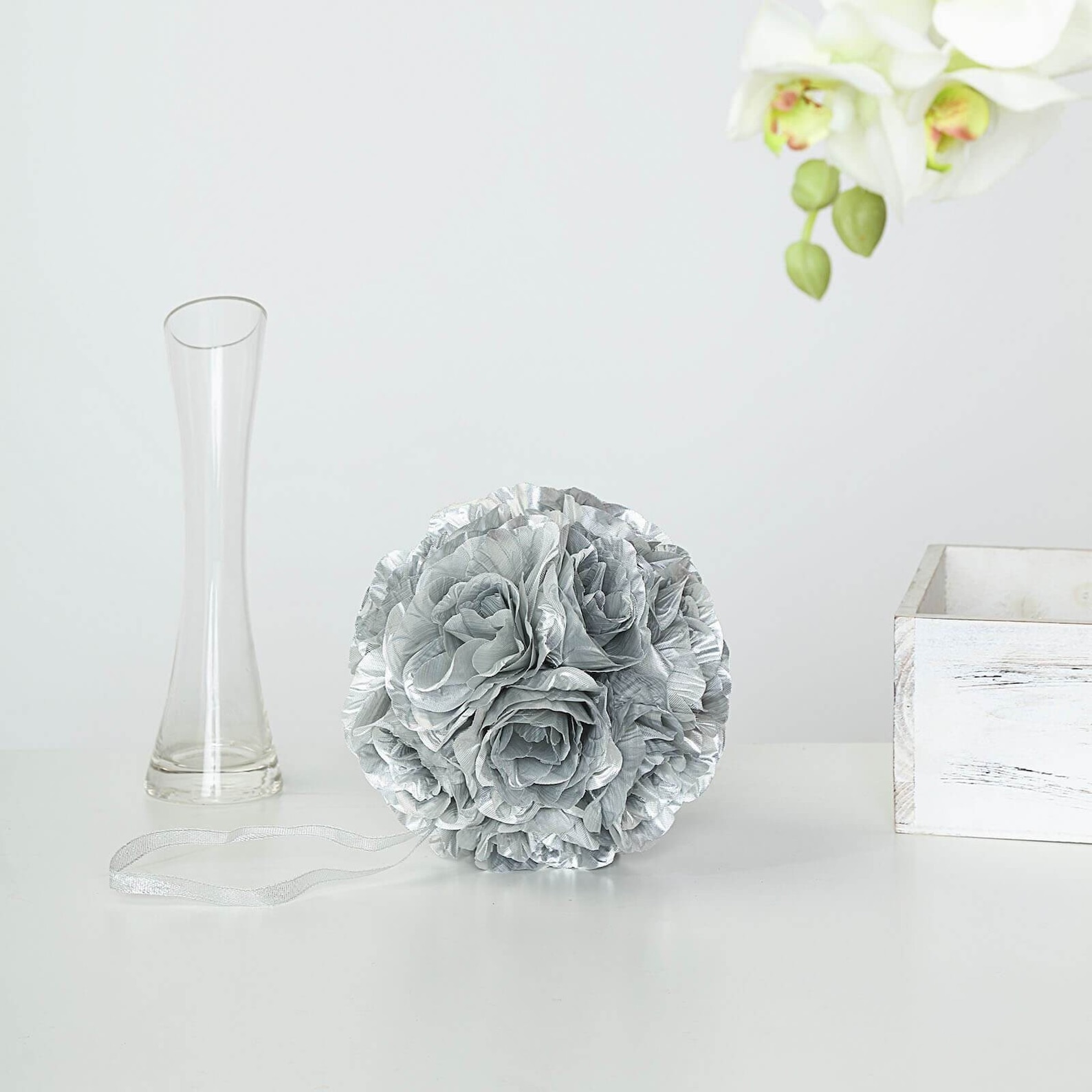 2 Pack | 7" Silver Flower Ball, Rose Kissing Balls, Hanging Pomander ...