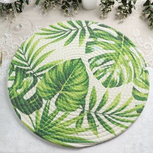 4 Pack | 15" Round Table Placemats, Green Tropical Leaf Woven Cotton ...