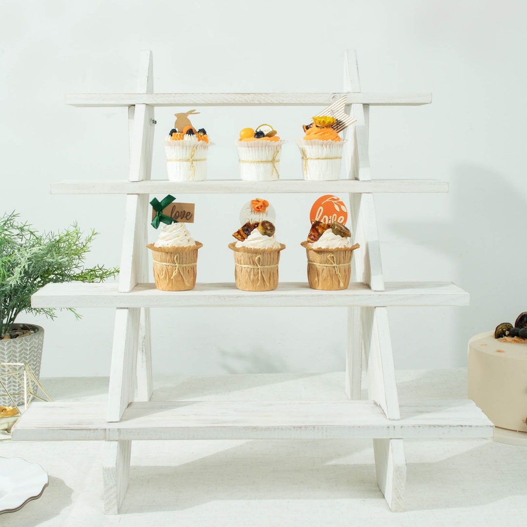 21" Rustic Whitewashed Wooden Ladder Shelf, 4 Tier Cupcake Stand ...