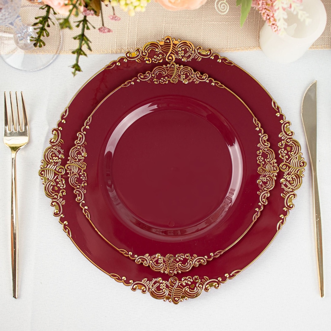 10 Pack | 8" Vintage Burgundy Gold Leaf Embossed Baroque Plastic Salad ...