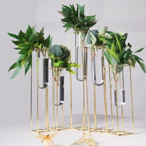 12" | Set of 5 Conjoined Geometric Metal Flower Vase Racks, Metal Glass ...