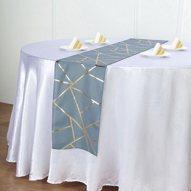 9 FT Dusty Blue Table Runner With Gold Foil Patterns, Geometric Table ...