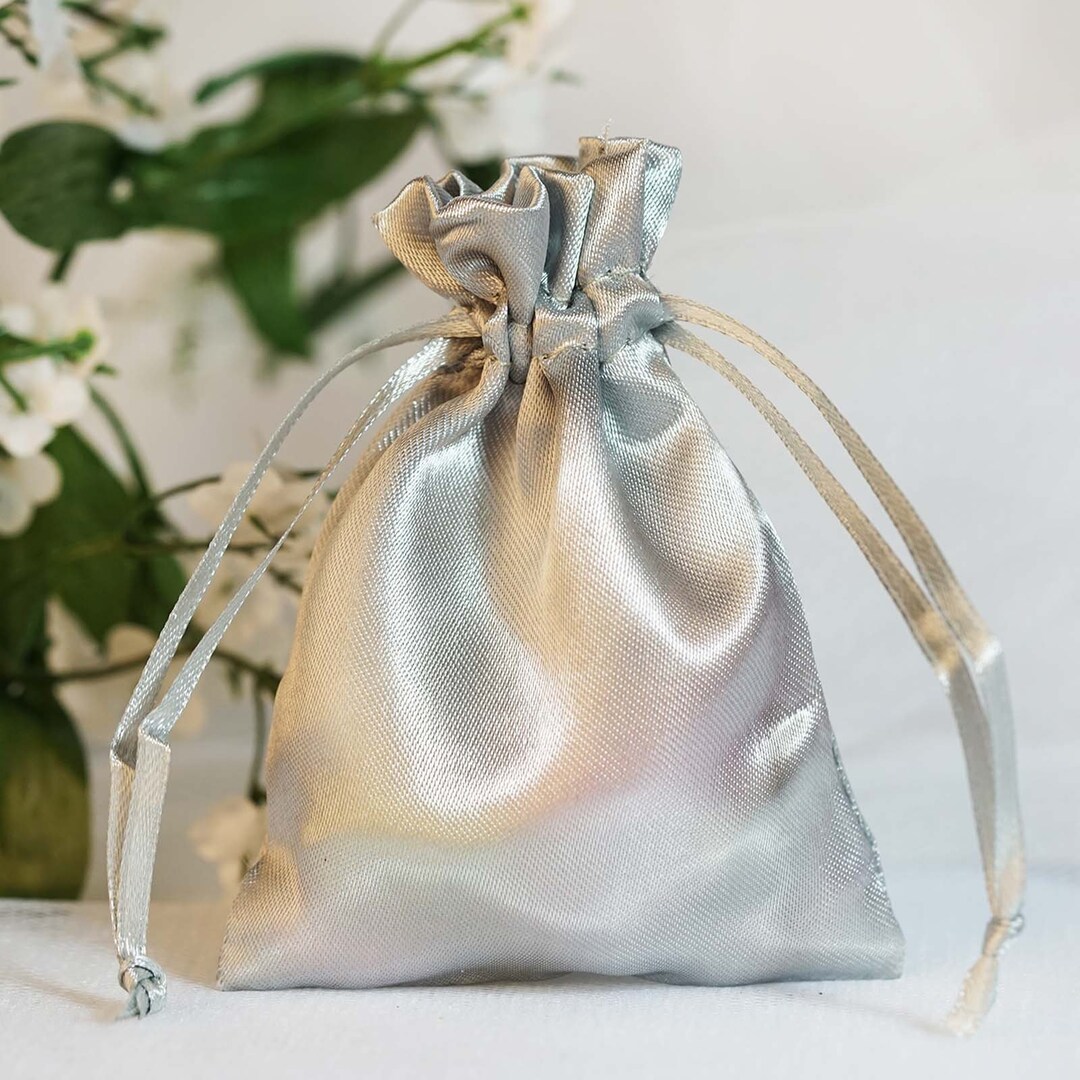 12 Pack | 3”x4” Silver Satin Favor Bags, Drawstring Pouch, Wedding ...