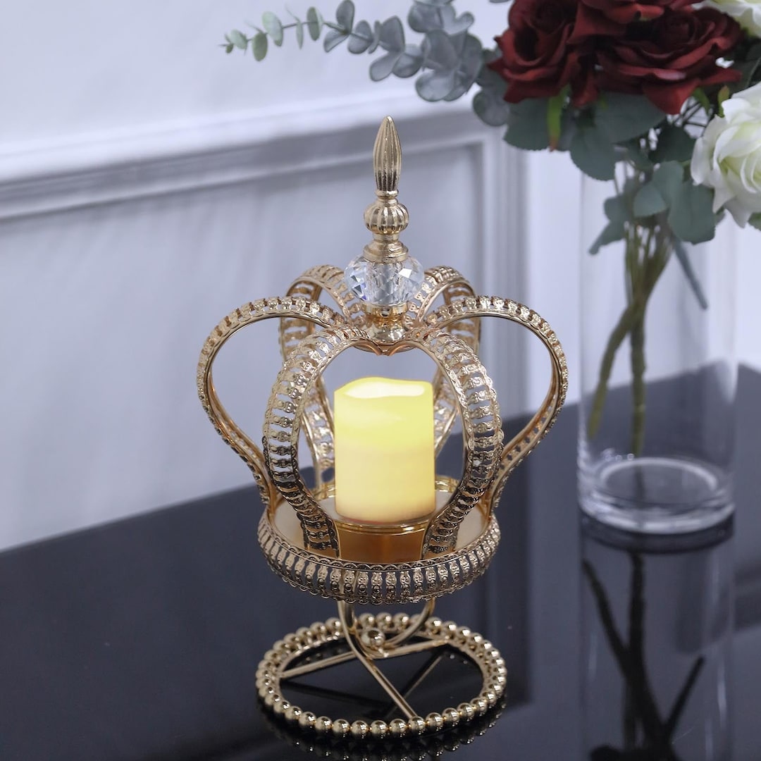 13" Gold Metal Crown Spiral Pillar Candle Holder Stand, Jeweled Votive ...