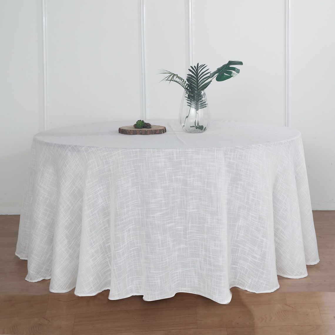 120" White Premium Faux Linen Round Tablecloth, Wrinkle Resistant Table ...