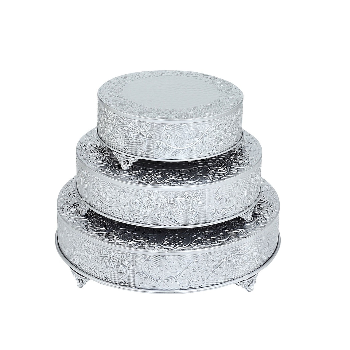 18" Embossed Round Cake Plateau, Silver Cake Stand, Metal Cake Stand ...