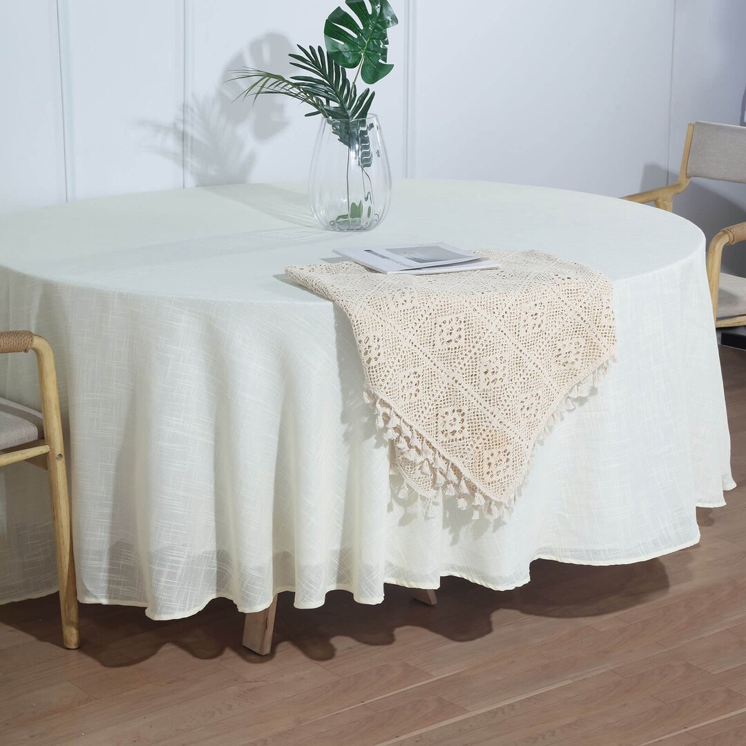 108" White Premium Faux Linen Round Tablecloth, Wrinkle Resistant Table ...