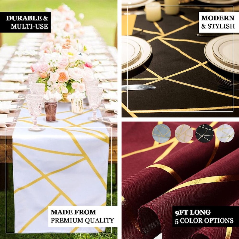 9 FT Dusty Blue Table Runner With Gold Foil Patterns, Geometric Table ...