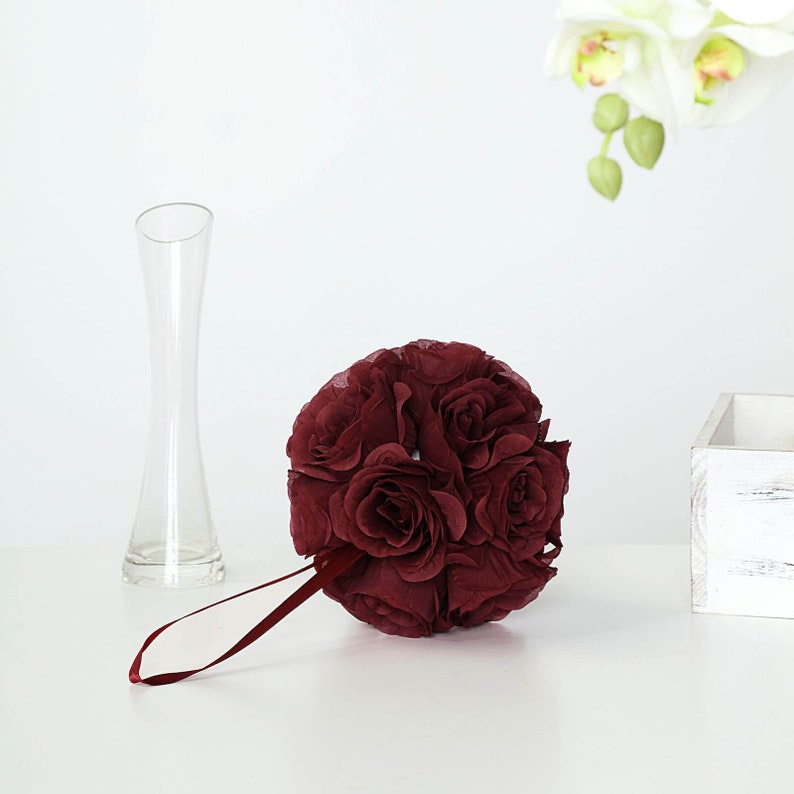 2 Pack | 7" Burgundy Flower Ball, Rose Kissing Balls, Hanging Pomander ...
