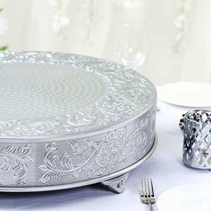 22" Embossed Round Cake Plateau, Silver Cake Stand, Metal Cake Stand ...