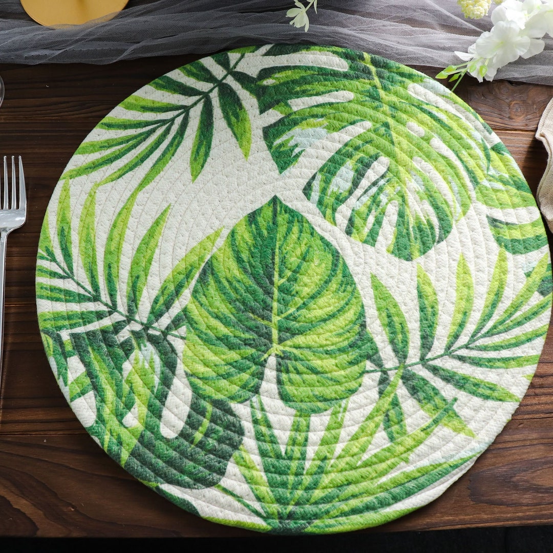 4 Pack | 15" Round Table Placemats, Green Tropical Leaf Woven Cotton ...